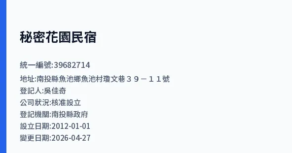 秘密花園民宿的照片-統編 39682714(南投縣) 公司登記資料與營業項目詳細圖表