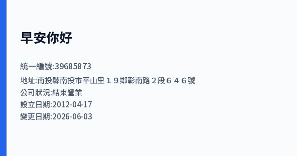 早安你好的照片-統編 39685873(南投縣) 公司登記資料與營業項目詳細圖表