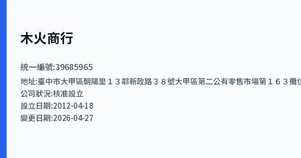 木火商行的照片-統編 39685965(臺中市) 公司登記資料與營業項目詳細圖表