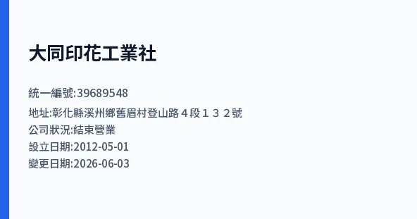 大同印花工業社的照片-統編 39689548(彰化縣) 公司登記資料與營業項目詳細圖表