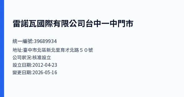 雷諾瓦國際有限公司台中一中門市的照片-統編 39689934(臺中市) 公司登記資料與營業項目詳細圖表