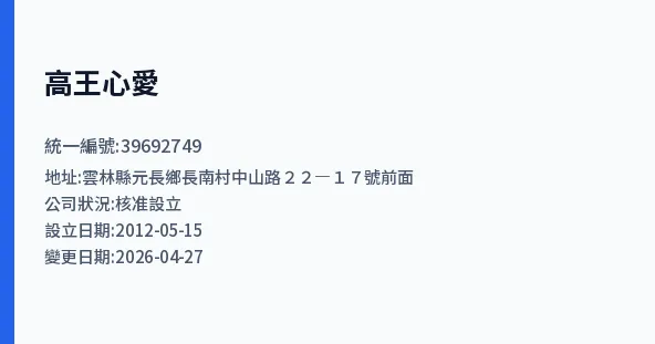 高王心愛的照片-統編 39692749(雲林縣) 公司登記資料與營業項目詳細圖表