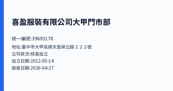 喜盈服裝有限公司大甲門市部的照片-統編 39693178(臺中市) 公司登記資料與營業項目詳細圖表