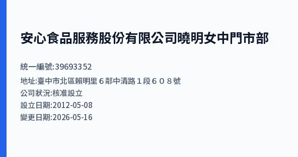 安心食品服務股份有限公司曉明女中門市部的照片-統編 39693352(臺中市) 公司登記資料與營業項目詳細圖表