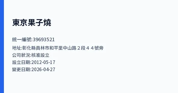 東京果子燒的照片-統編 39693521(彰化縣) 公司登記資料與營業項目詳細圖表