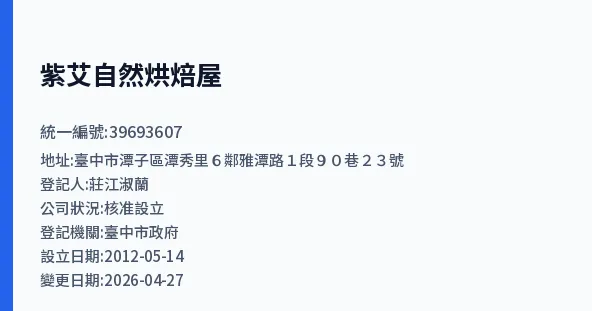 紫艾自然烘焙屋的照片-統編 39693607(臺中市) 公司登記資料與營業項目詳細圖表