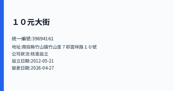 10元大街的照片-統編 39694161(南投縣) 公司登記資料與營業項目詳細圖表