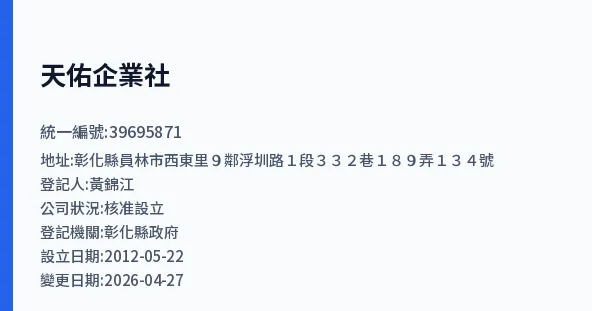 天佑企業社的照片-統編 39695871(彰化縣) 公司登記資料與營業項目詳細圖表