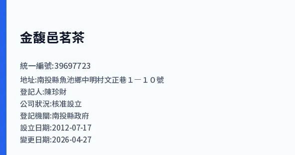 金馥邑茗茶的照片-統編 39697723(南投縣) 公司登記資料與營業項目詳細圖表