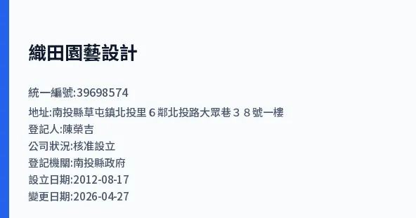 織田園藝設計的照片-統編 39698574(南投縣) 公司登記資料與營業項目詳細圖表
