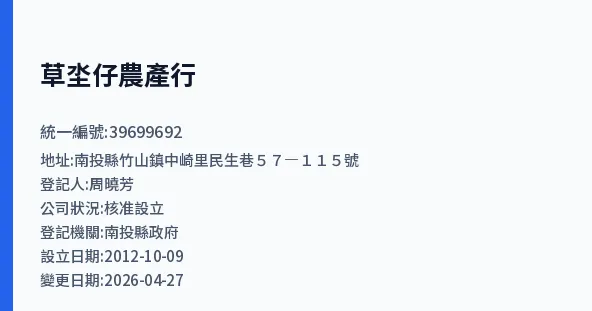 草坔仔農產行的照片-統編 39699692(南投縣) 公司登記資料與營業項目詳細圖表