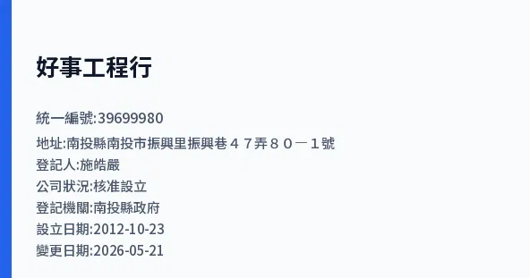 好事工程行的照片-統編 39699980(南投縣) 公司登記資料與營業項目詳細圖表