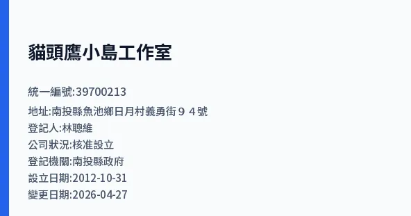 貓頭鷹小島工作室的照片-統編 39700213(南投縣) 公司登記資料與營業項目詳細圖表