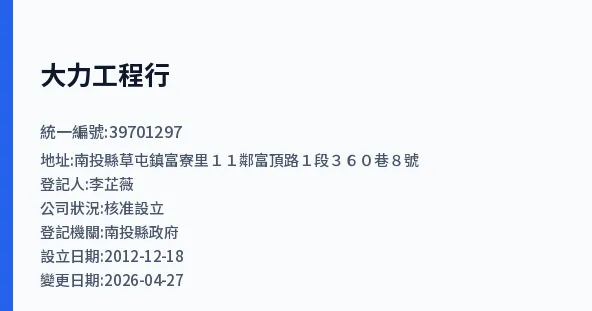 大力工程行的照片-統編 39701297(南投縣) 公司登記資料與營業項目詳細圖表