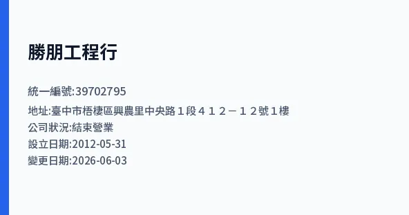 勝朋工程行的照片-統編 39702795(臺中市) 公司登記資料與營業項目詳細圖表