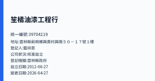 笙橘油漆工程行的照片-統編 39704219(雲林縣) 公司登記資料與營業項目詳細圖表