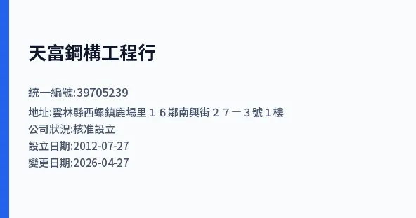 天富鋼構工程行的照片-統編 39705239(雲林縣) 公司登記資料與營業項目詳細圖表
