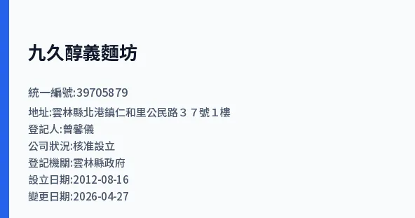 九久醇義麵坊的照片-統編 39705879(雲林縣) 公司登記資料與營業項目詳細圖表