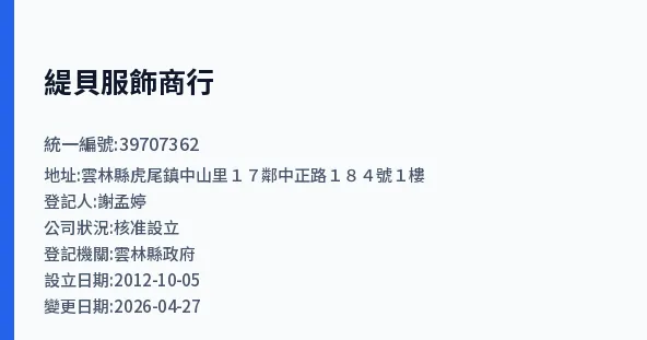 緹貝服飾商行的照片-統編 39707362(雲林縣) 公司登記資料與營業項目詳細圖表