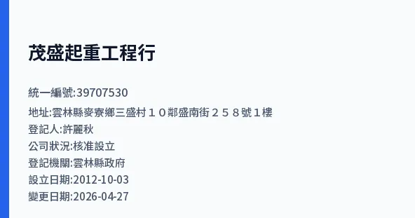 茂盛起重工程行的照片-統編 39707530(雲林縣) 公司登記資料與營業項目詳細圖表