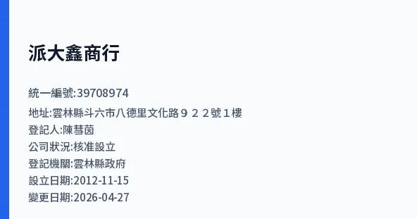 派大鑫商行的照片-統編 39708974(雲林縣) 公司登記資料與營業項目詳細圖表