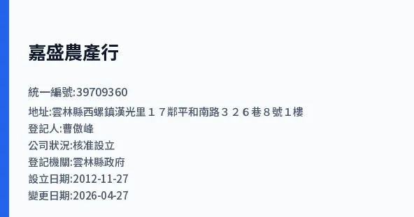 嘉盛農產行的照片-統編 39709360(雲林縣) 公司登記資料與營業項目詳細圖表