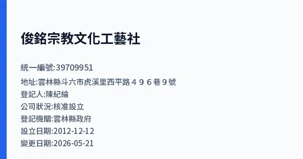 俊銘宗教文化工藝社的照片-統編 39709951(雲林縣) 公司登記資料與營業項目詳細圖表