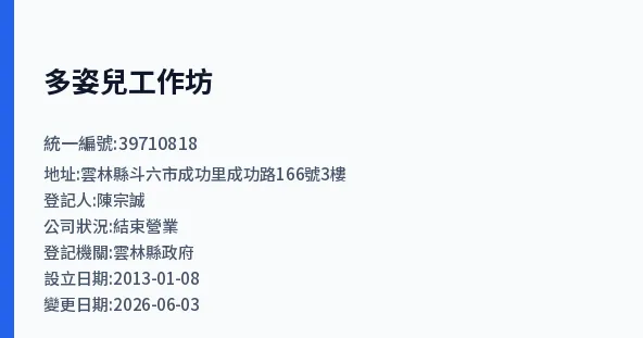 多姿兒工作坊的照片-統編 39710818(雲林縣) 公司登記資料與營業項目詳細圖表