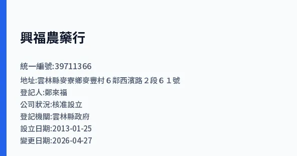 興福農藥行的照片-統編 39711366(雲林縣) 公司登記資料與營業項目詳細圖表