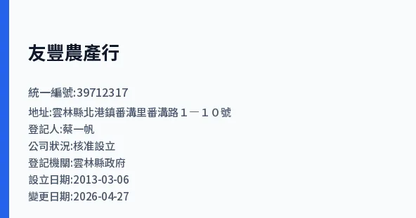 友豐農產行的照片-統編 39712317(雲林縣) 公司登記資料與營業項目詳細圖表