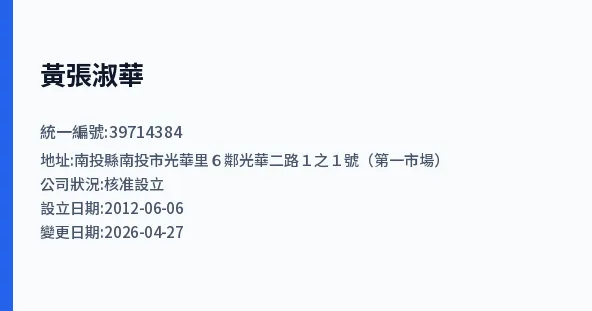 黃張淑華的照片-統編 39714384(南投縣) 公司登記資料與營業項目詳細圖表