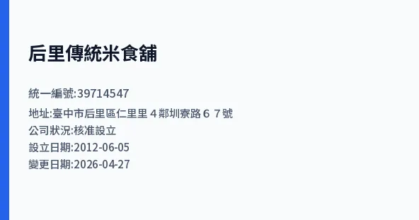 后里傳統米食舖的照片-統編 39714547(臺中市) 公司登記資料與營業項目詳細圖表