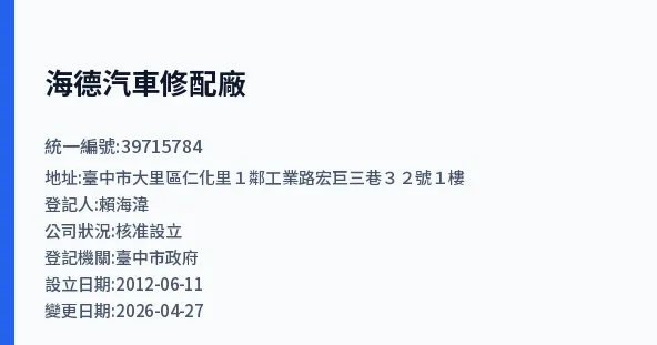 海德汽車修配廠的照片-統編 39715784(臺中市) 公司登記資料與營業項目詳細圖表