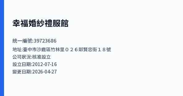 幸福婚紗禮服館的照片-統編 39723686(臺中市) 公司登記資料與營業項目詳細圖表