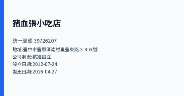 豬血張小吃店的照片-統編 39726207(臺中市) 公司登記資料與營業項目詳細圖表