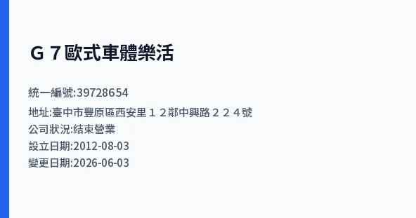 G7歐式車體樂活的照片-統編 39728654(臺中市) 公司登記資料與營業項目詳細圖表