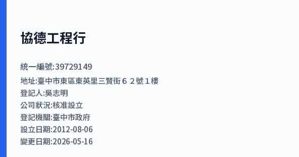 協德工程行的照片-統編 39729149(臺中市) 公司登記資料與營業項目詳細圖表