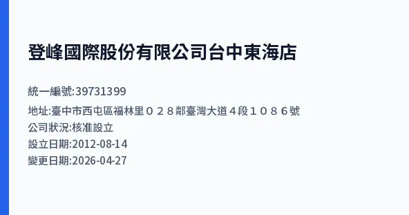 登峰國際股份有限公司台中東海店的照片-統編 39731399(臺中市) 公司登記資料與營業項目詳細圖表