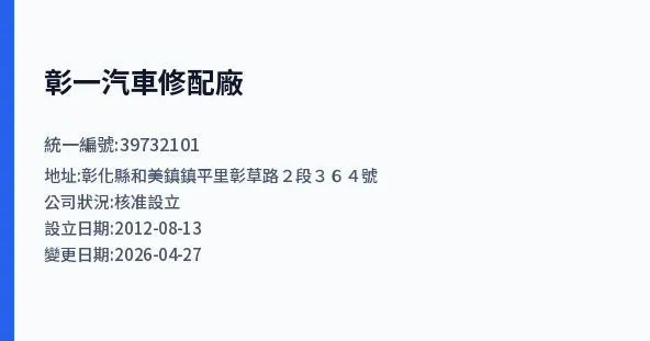 彰一汽車修配廠的照片-統編 39732101(彰化縣) 公司登記資料與營業項目詳細圖表