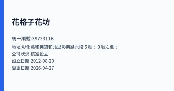 花格子花坊的照片-統編 39733116(彰化縣) 公司登記資料與營業項目詳細圖表