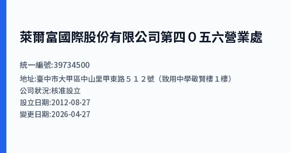 萊爾富國際股份有限公司第四0五六營業處的照片-統編 39734500(臺中市) 公司登記資料與營業項目詳細圖表