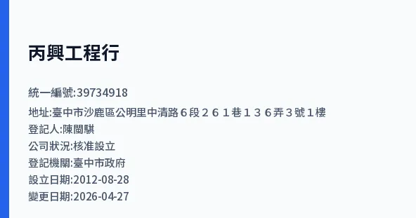 丙興工程行的照片-統編 39734918(臺中市) 公司登記資料與營業項目詳細圖表