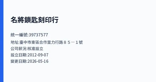 名將鎖匙刻印行的照片-統編 39737577(臺中市) 公司登記資料與營業項目詳細圖表