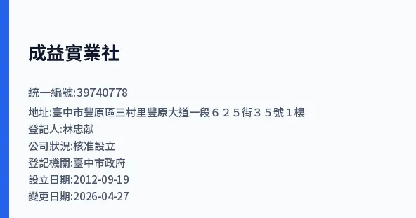 成益實業社的照片-統編 39740778(臺中市) 公司登記資料與營業項目詳細圖表
