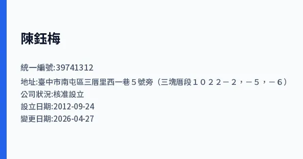 陳鈺梅的照片-統編 39741312(臺中市) 公司登記資料與營業項目詳細圖表