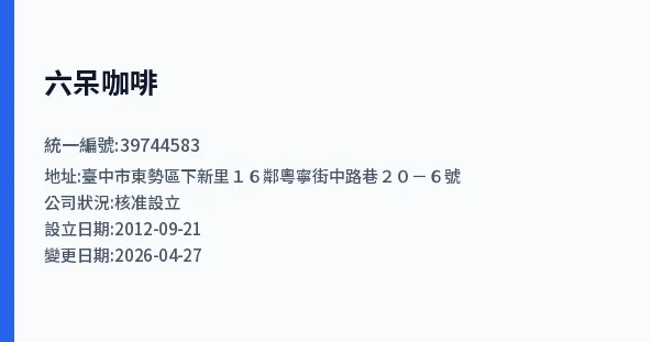 六呆咖啡的照片-統編 39744583(臺中市) 公司登記資料與營業項目詳細圖表