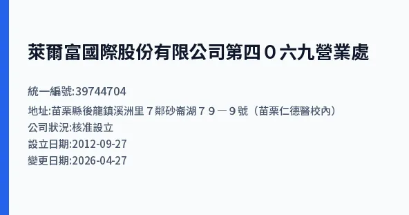 萊爾富國際股份有限公司第四0六九營業處的照片-統編 39744704(苗栗縣) 公司登記資料與營業項目詳細圖表