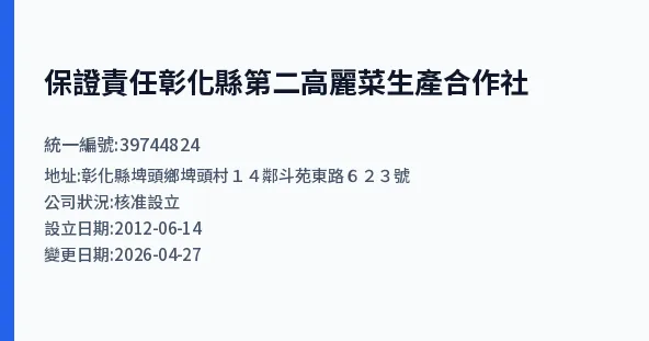 保證責任彰化縣第二高麗菜生產合作社的照片-統編 39744824(彰化縣) 公司登記資料與營業項目詳細圖表