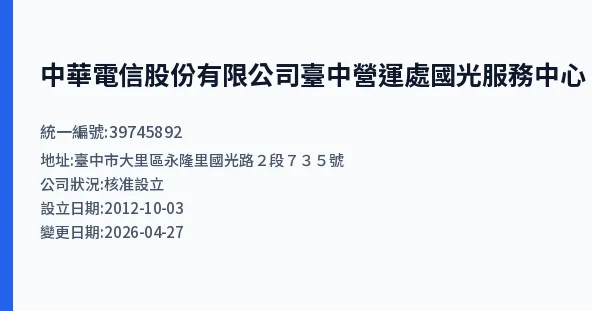 中華電信股份有限公司臺中營運處國光服務中心的照片-統編 39745892(臺中市) 公司登記資料與營業項目詳細圖表