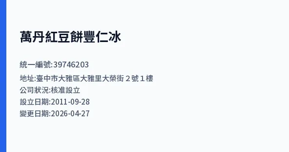 萬丹紅豆餅豐仁冰的照片-統編 39746203(臺中市) 公司登記資料與營業項目詳細圖表